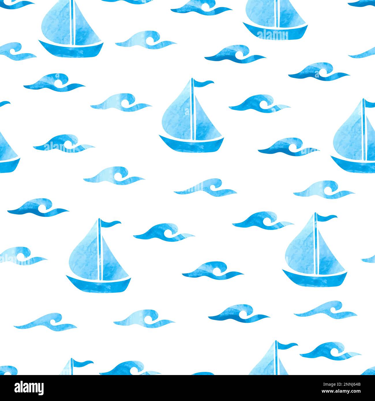 Seamless sea pattern with blue watercolor waves and boats. Vector ...