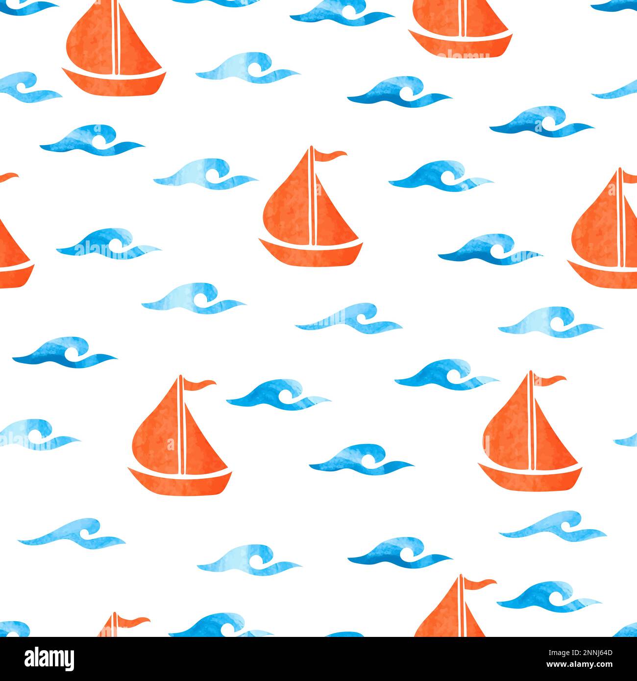 Seamless sea pattern with watercolor waves ans boats. Vector marine ...