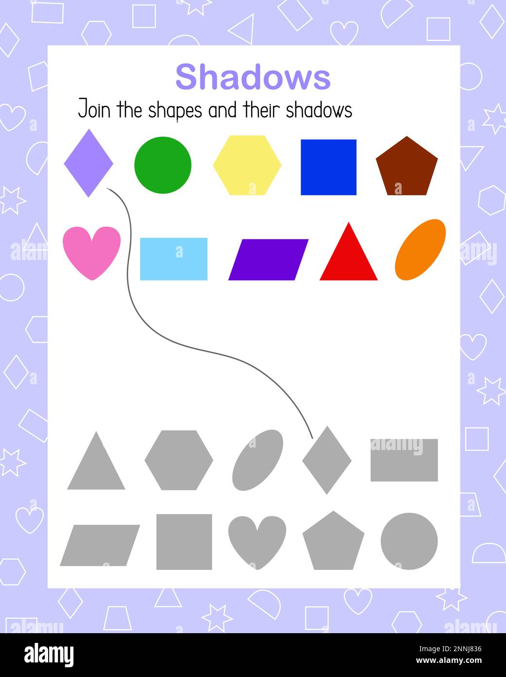 Geometry shapes colorful symbols and shadows matching game, printable ...