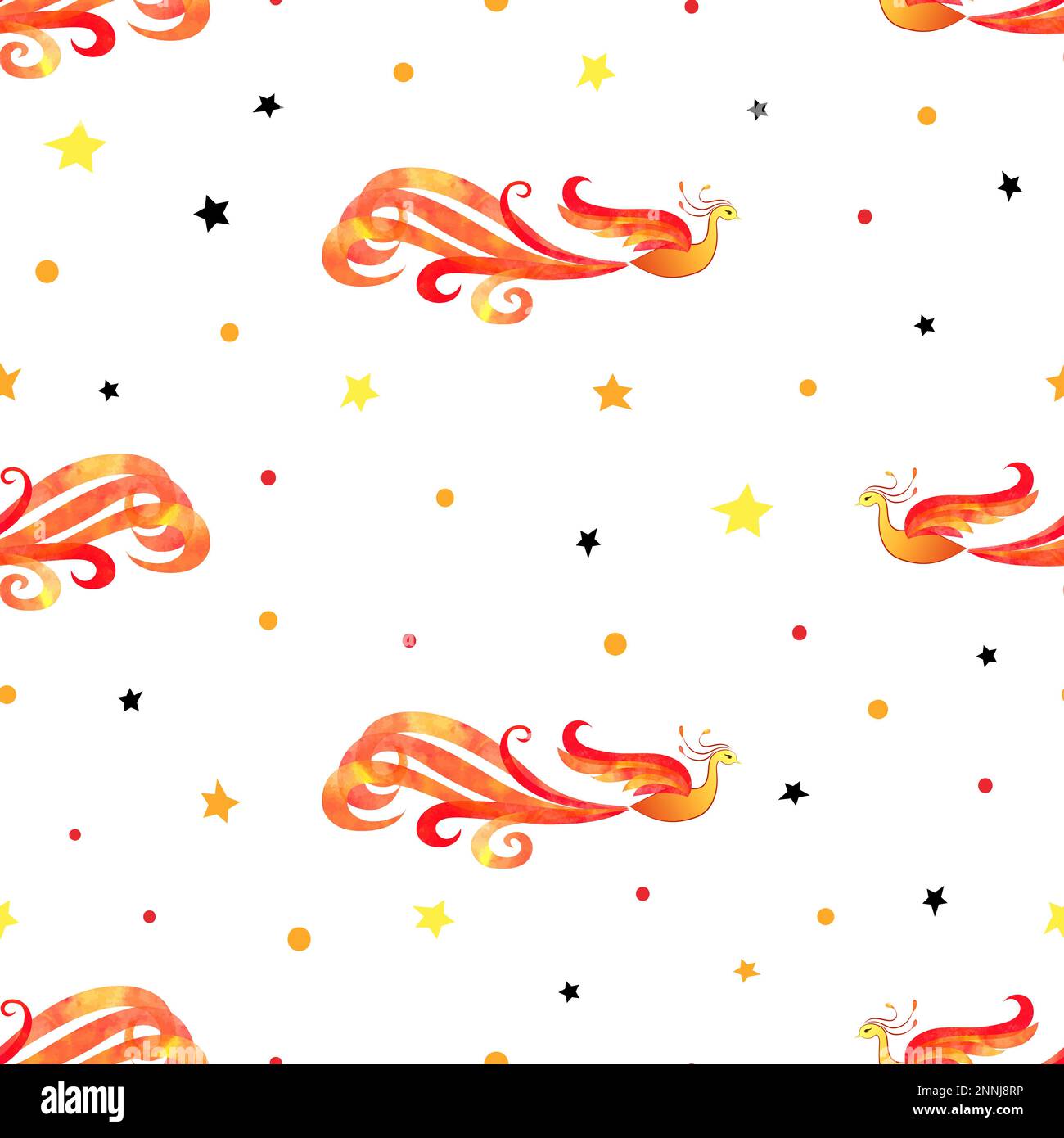 Seamless watercolor Firebird pattern. Vector background with flaming ...