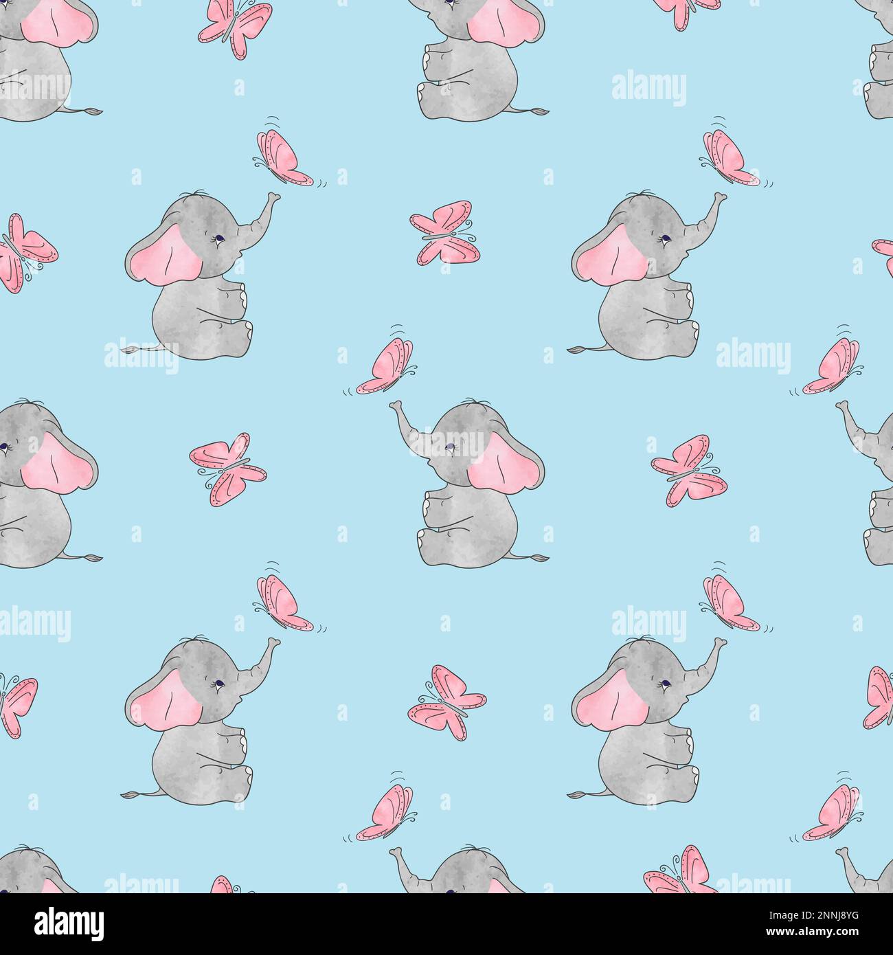 Seamless vector pattern with cute elephants and butterflies. Baby print ...