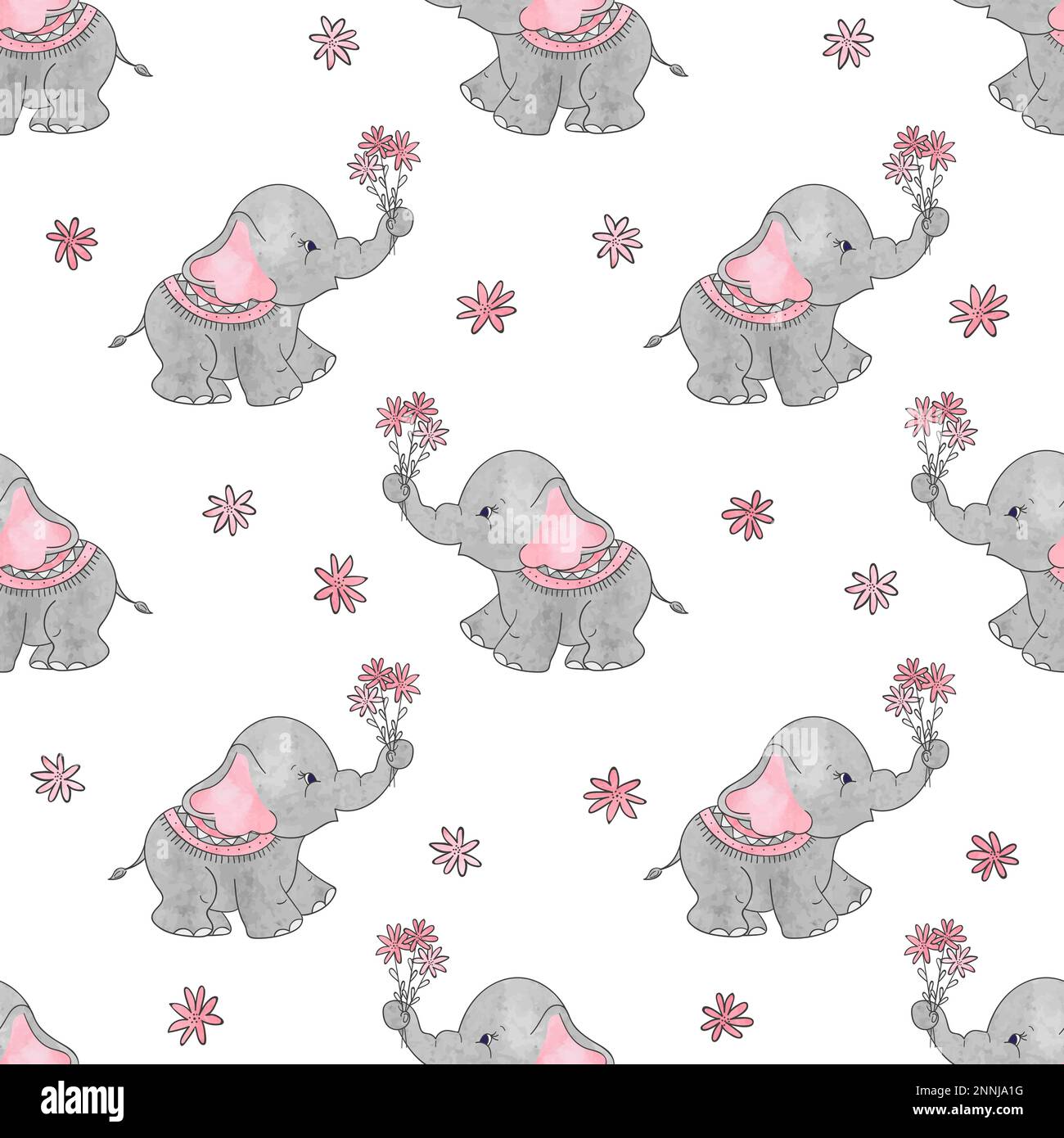 Cute cartoon elephants with flowers seamless vector pattern. Baby print ...