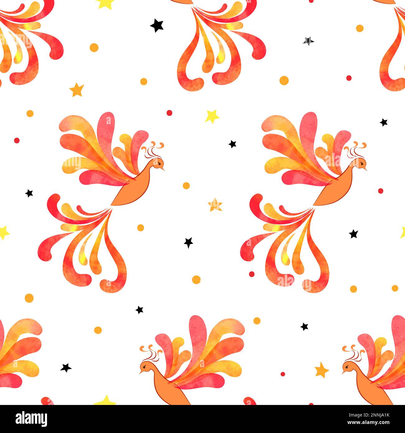Seamless Firebird pattern. Vector background with watercolor flying ...
