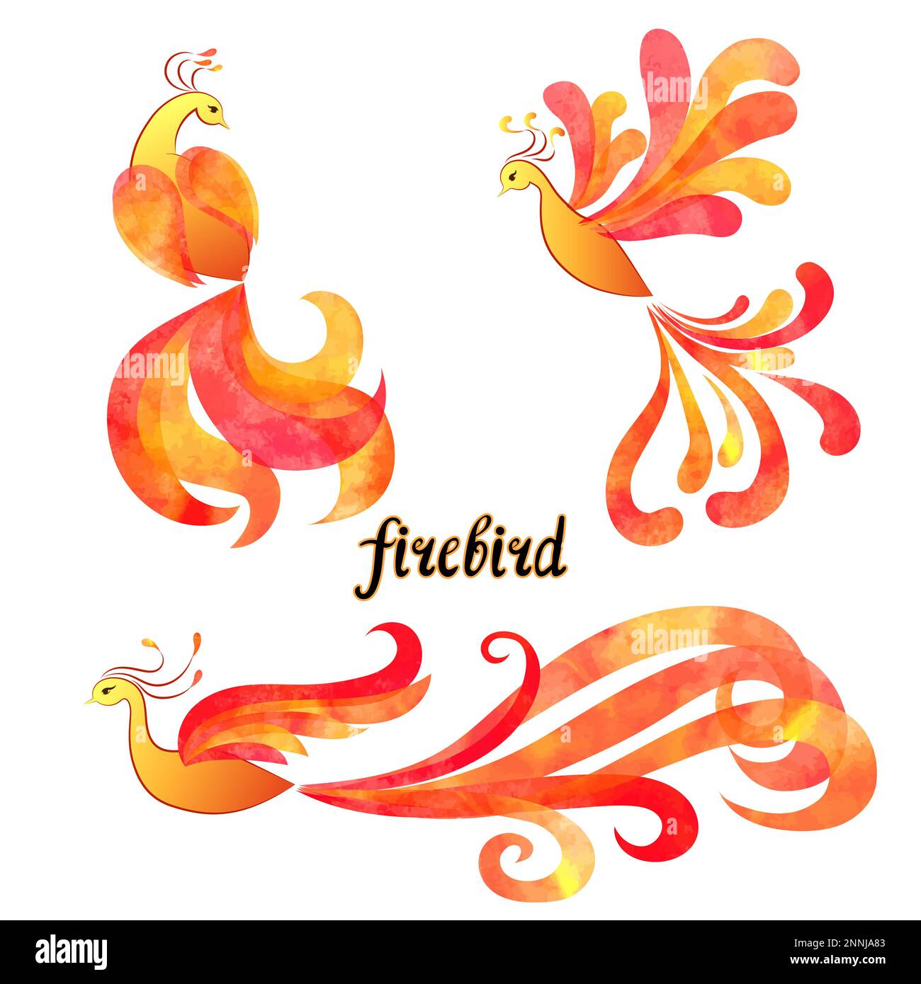 Mythical Firebird set. Watercolor flaming Phoenix symbols isolated on ...