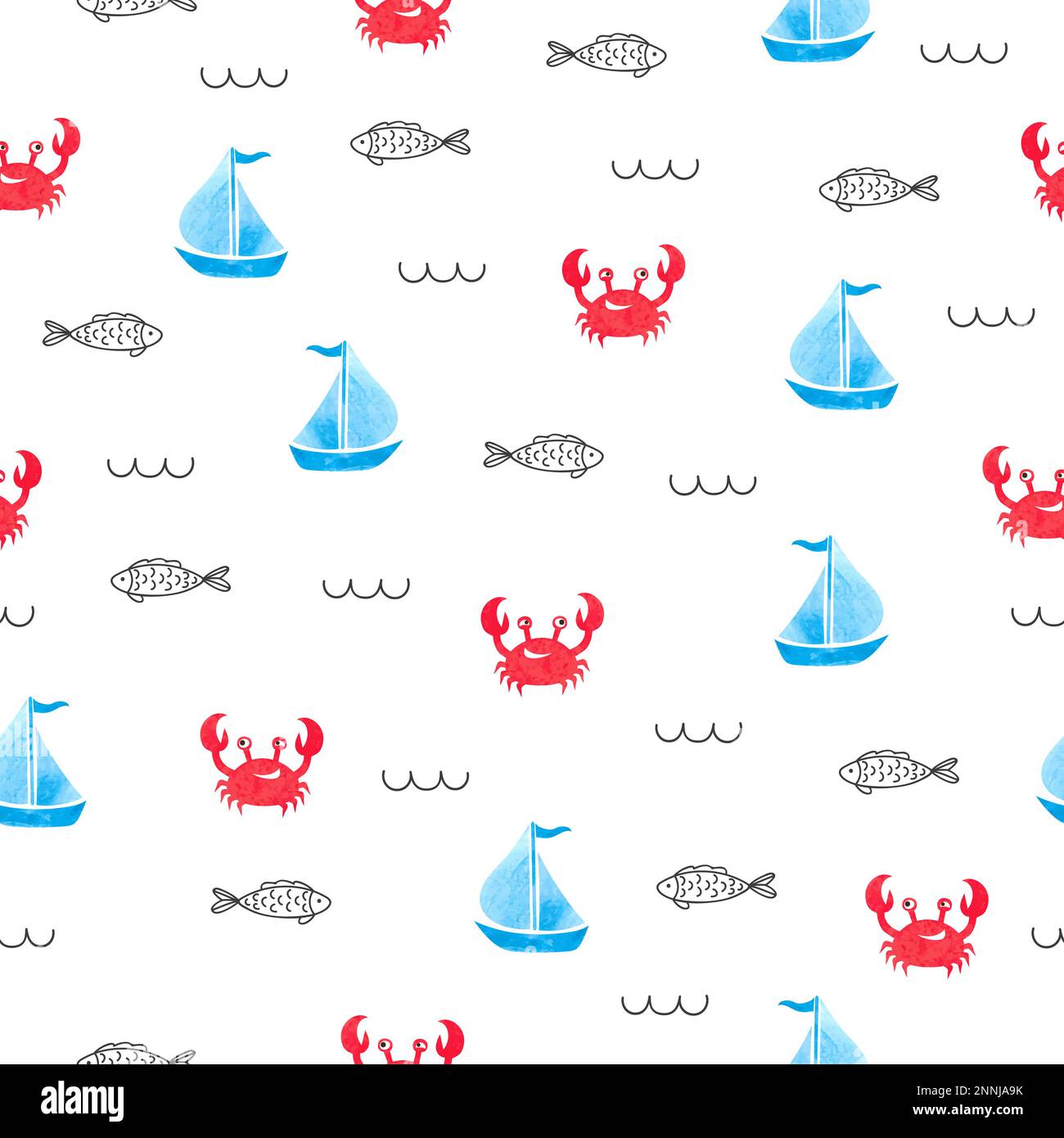 Seamless marine pattern with crab, sea fish and ship. Vector nautical ...