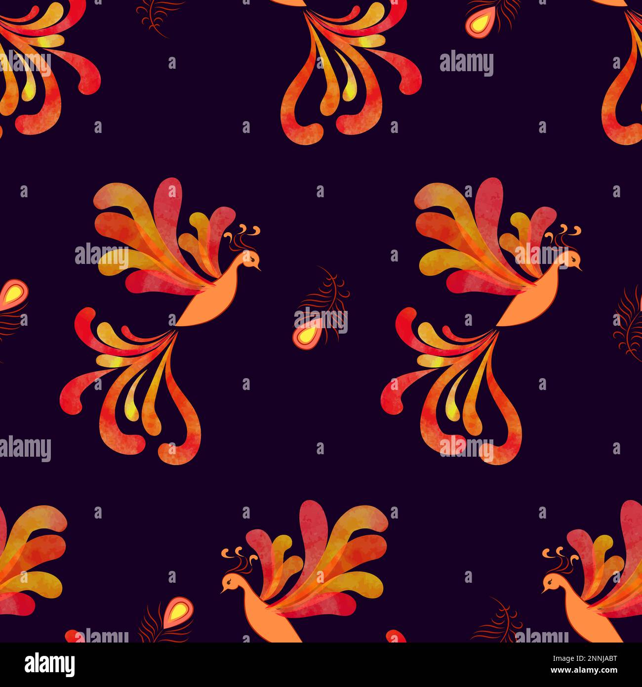 Seamless fairy Firebird pattern. Vector background with watercolor ...