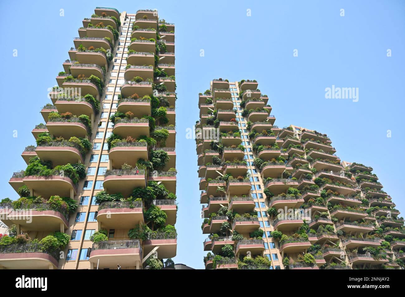 A view of apartment buildings with leafy balconies in Chengdu city in ...
