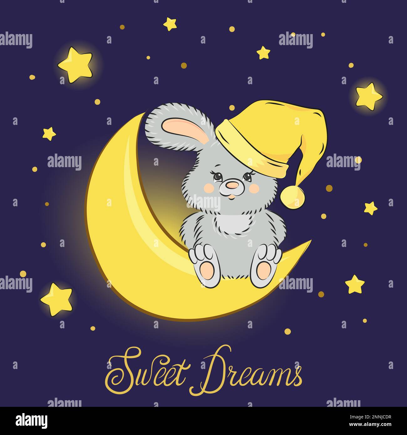 Cute cartoon bunny on the moon. Sweet dreams vector illustration Stock ...