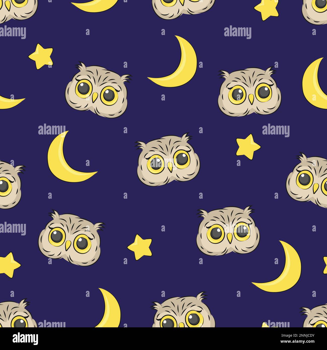 Seamless night pattern with cute owls, stars and moon. Vector good ...