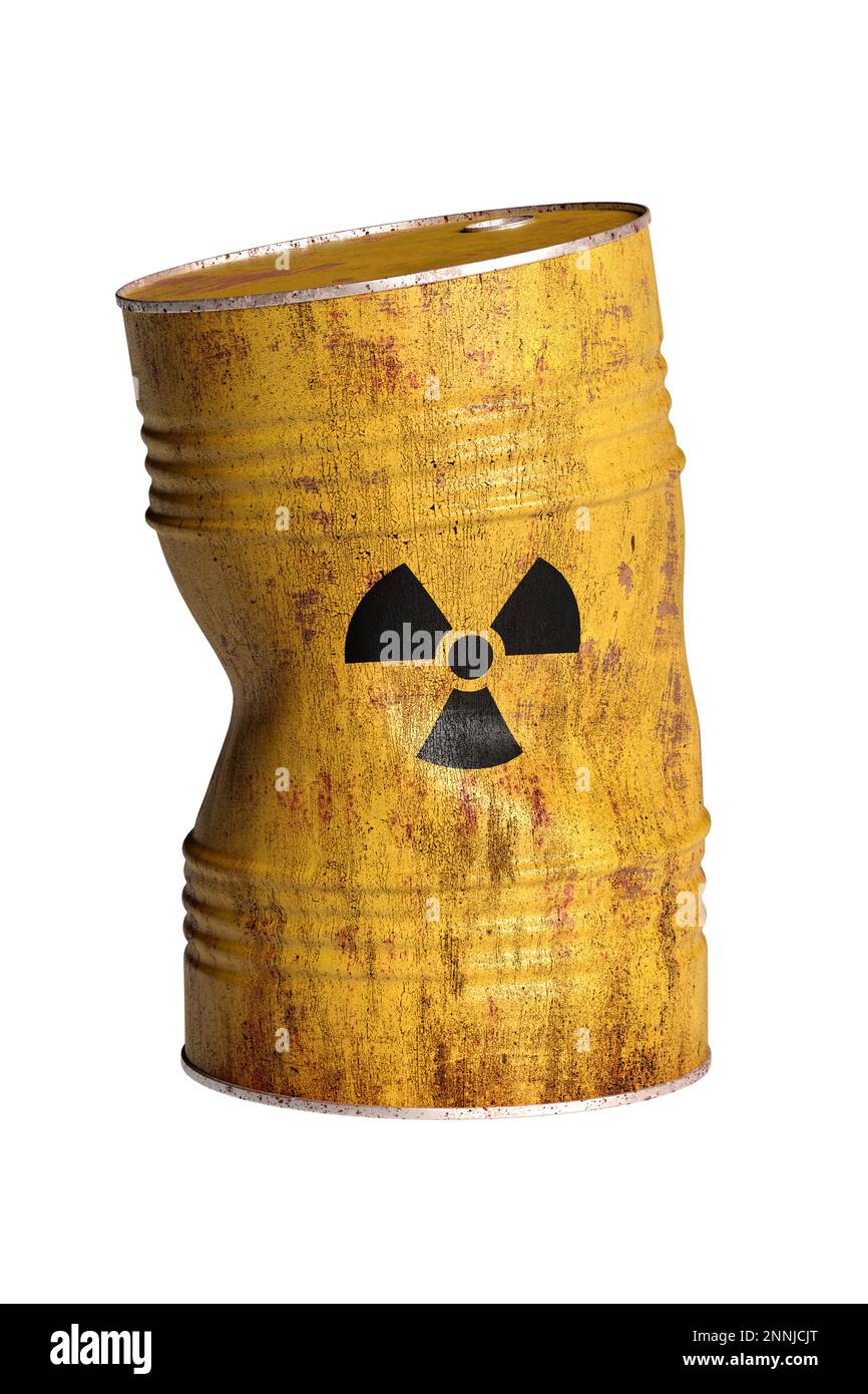 Yellow crumpled rusty steel barrel with environmentally hazardous ...