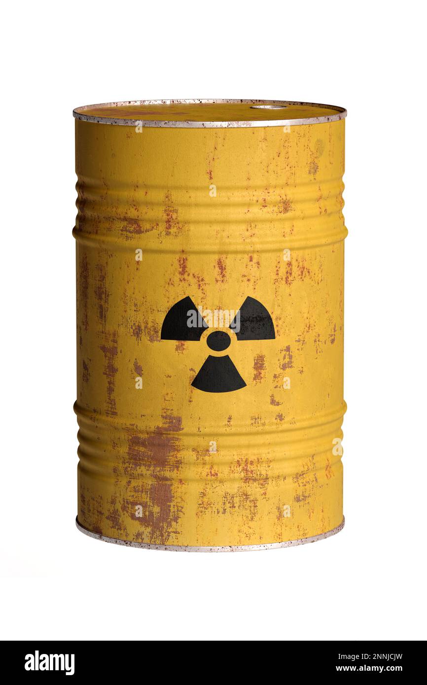 Yellow rusty steel barrel with environmentally hazardous radioactive ...