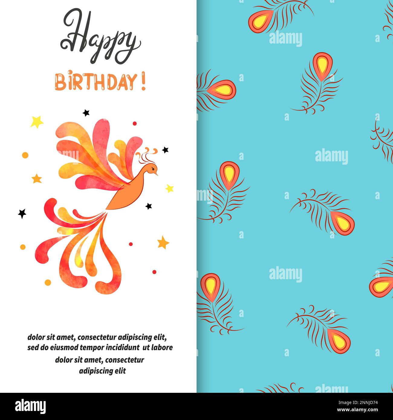 Happy Birthday card design with firebird. Vector illustration of ...