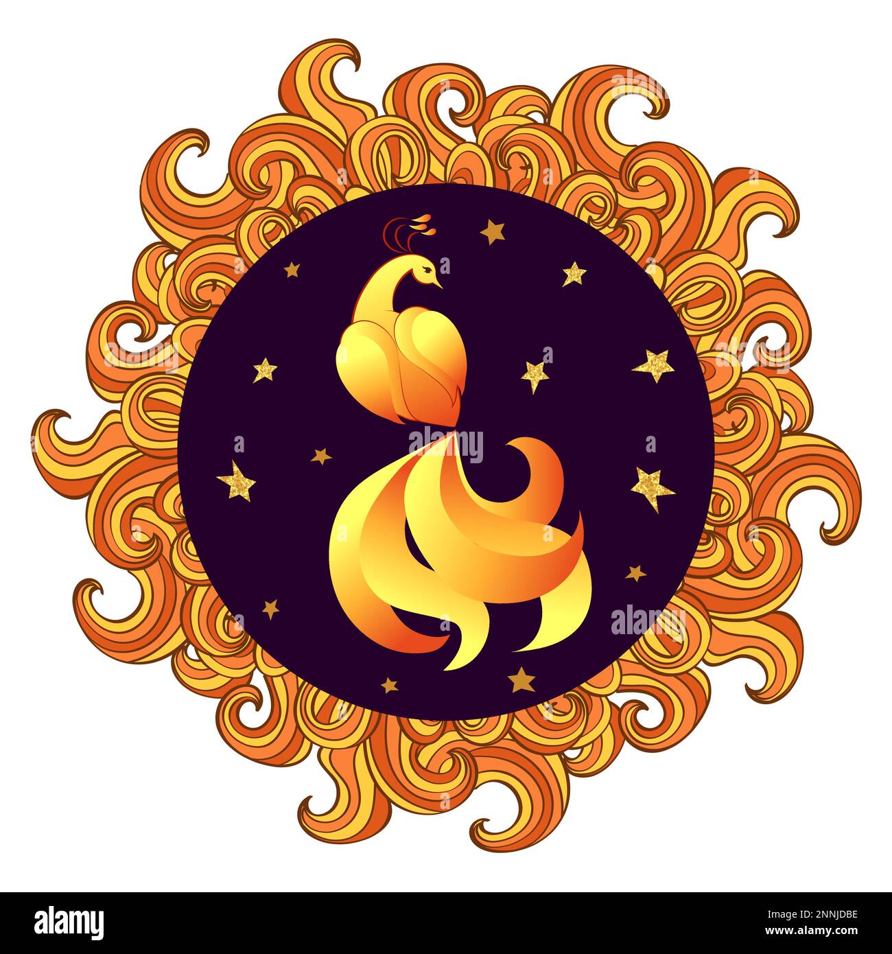 Circle frame with Mythical Firebird. Vector illustration of Phoenix ...