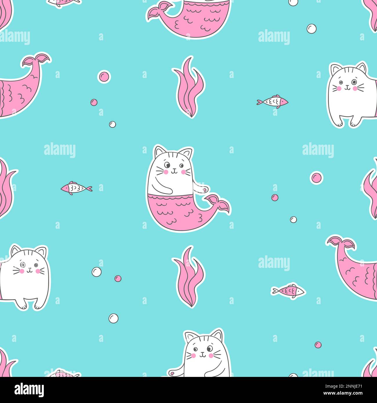 Seamless cute cat mermaid pattern. Vector marine background for kids ...