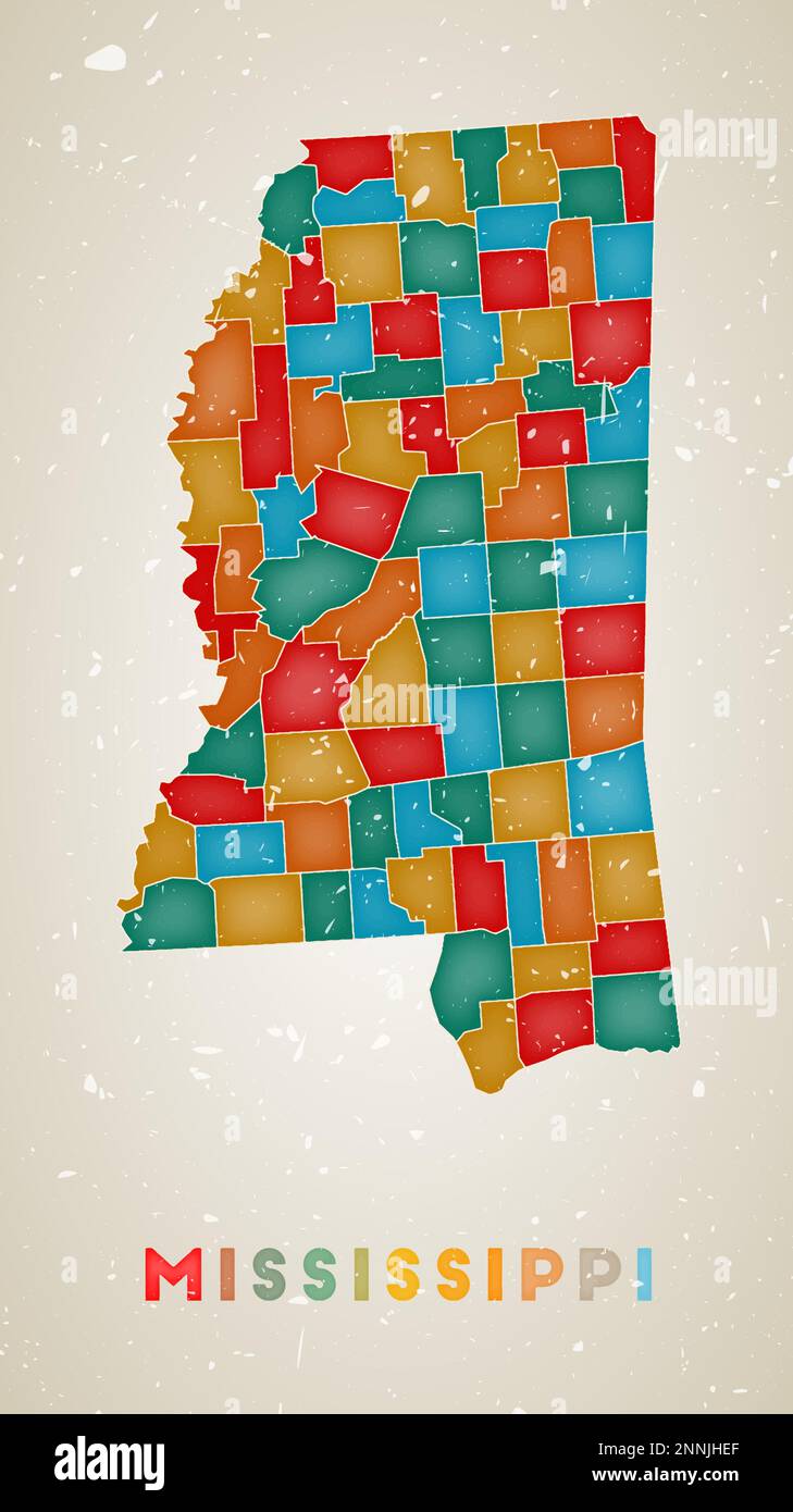 Mississippi map. US state poster with colored regions. Old grunge ...