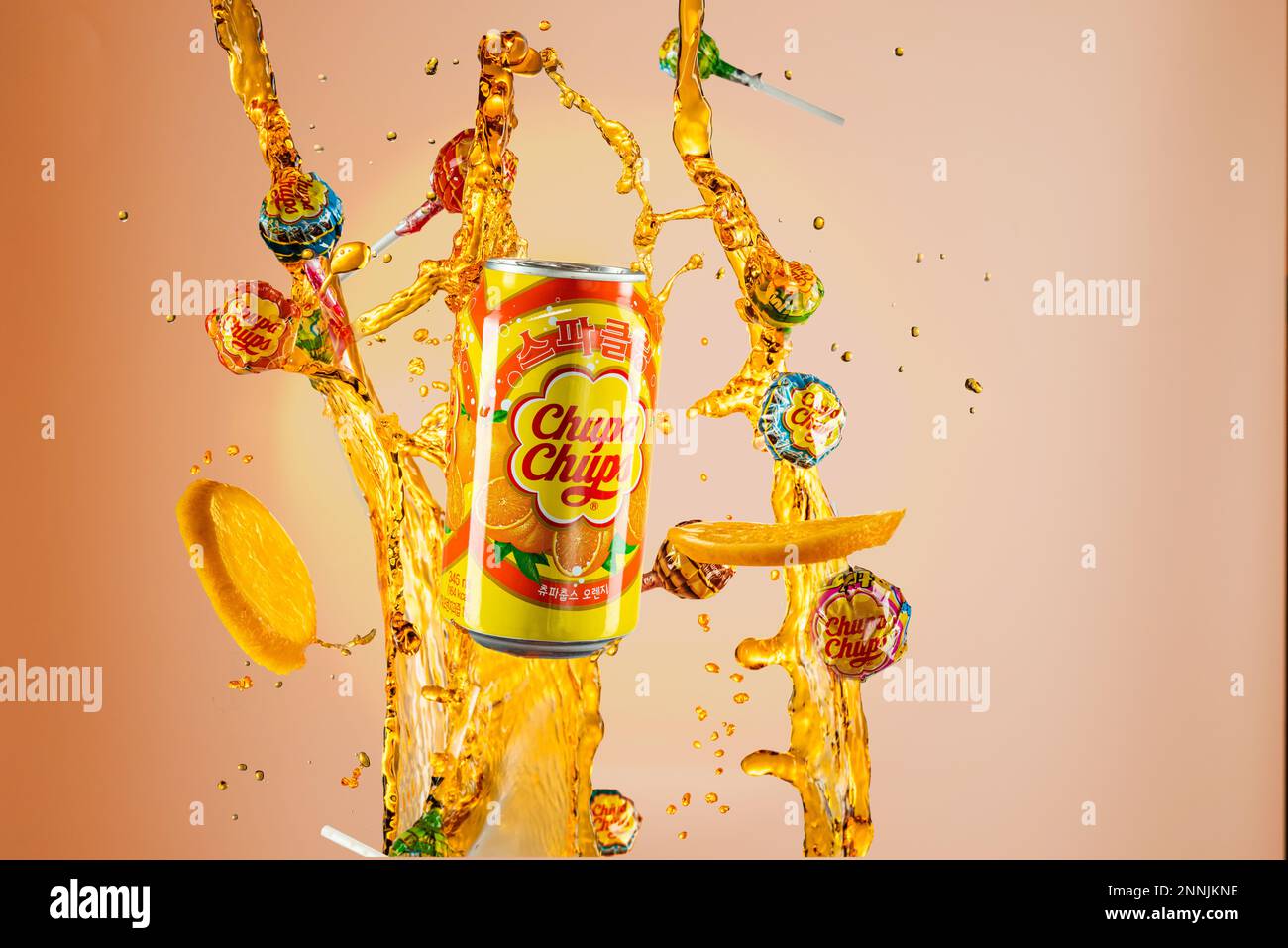 Kyiv, Ukraine - August 21.2022: soda and candy chupa chups. Levitation ...
