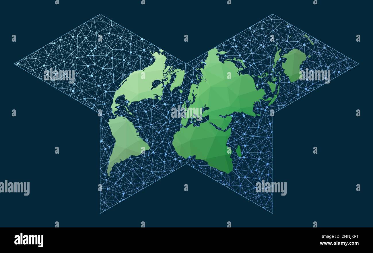 Abstract map of world network. Polyhedral Collignon projection. Green ...