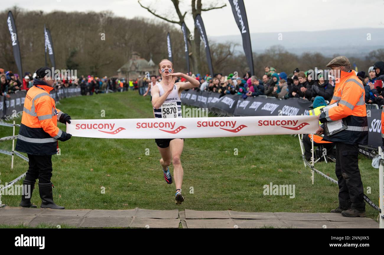 Chester, UK. 26th Feb 2023. James Kingston of Tonbridge AC crossing the ...