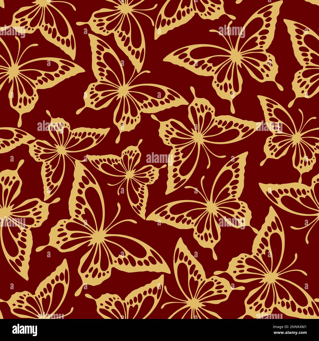 seamless pattern of golden contours of butterflies on a red background ...