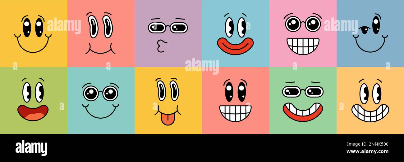 Cartoon style smiley character face set on square colorful background ...