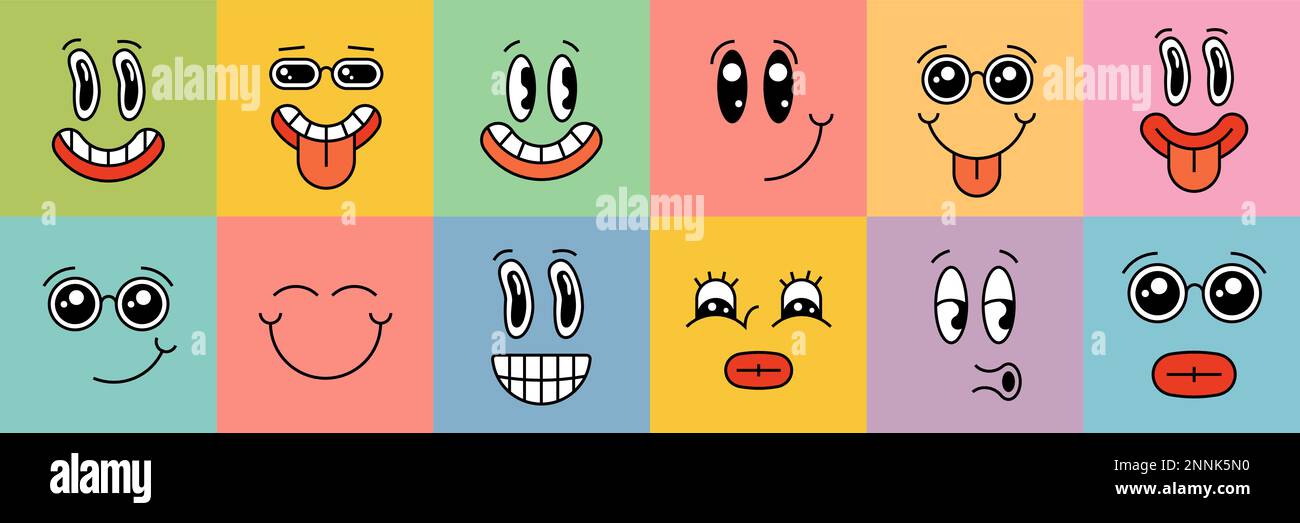 Cartoon style smiley character face set on square colorful background ...