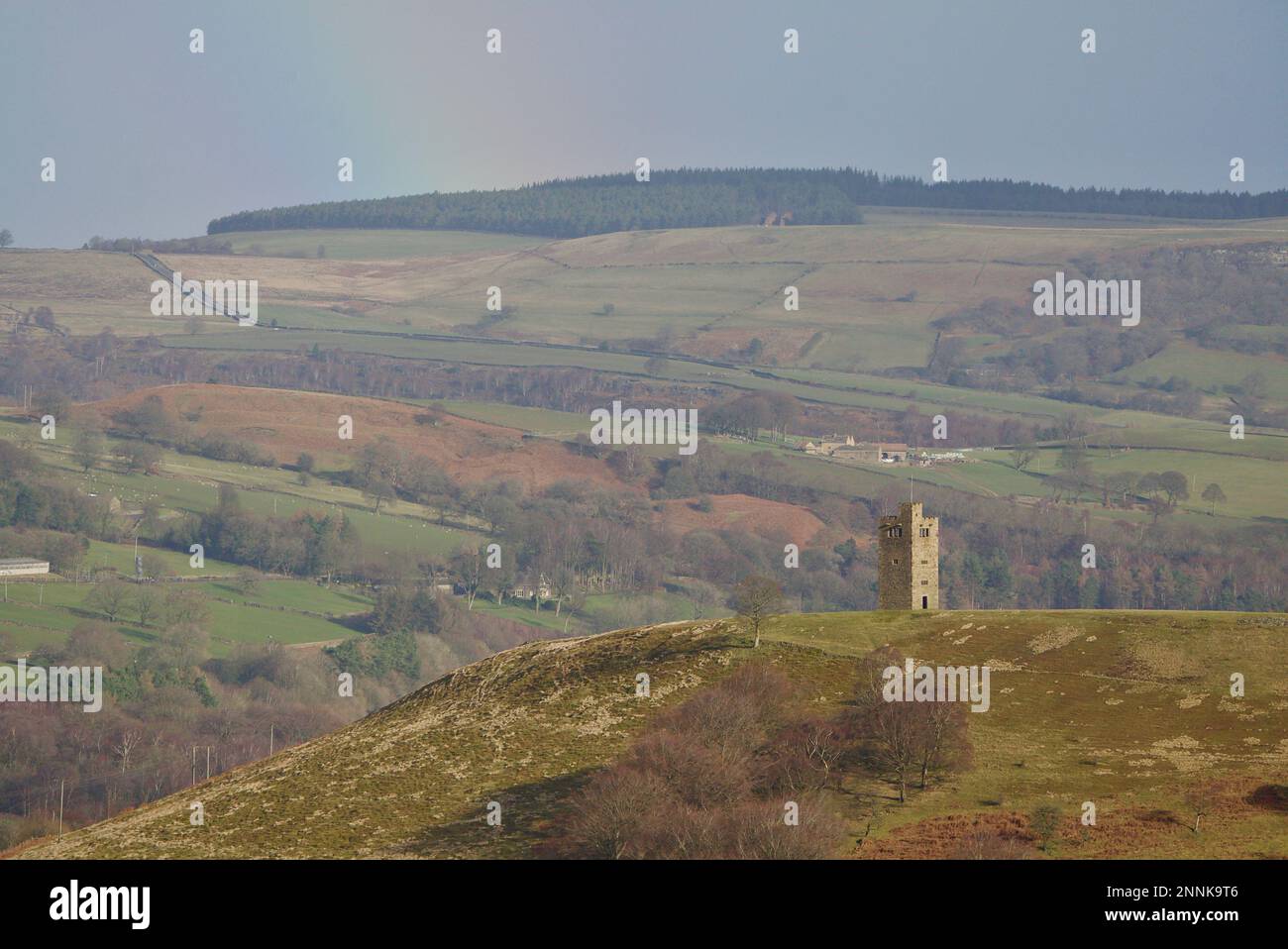 Rainbow above Boot's Folly, a monument by Strines Reservoir, Bradfield ...