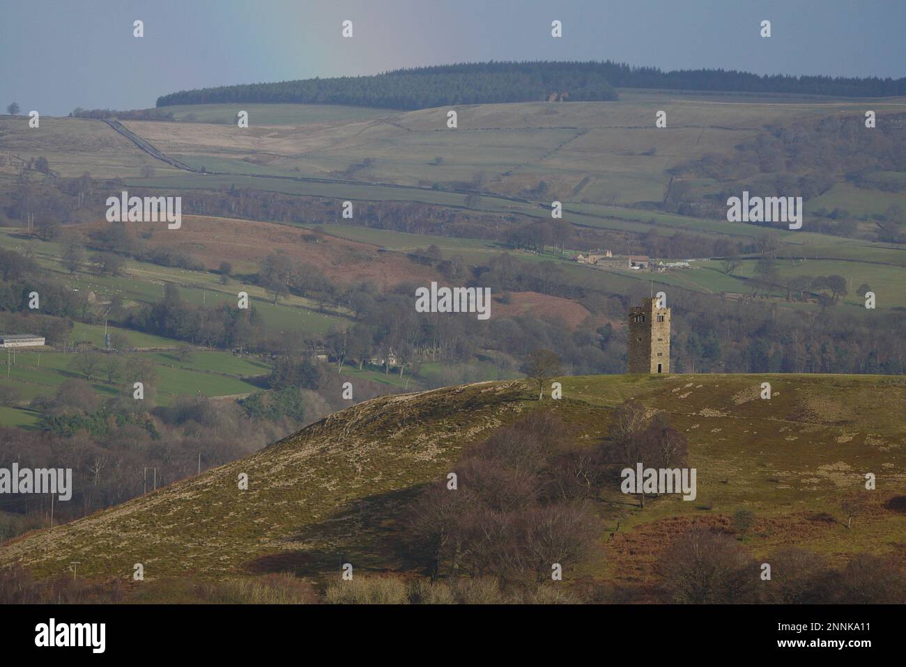 Rainbow above Boot's Folly, a monument by Strines Reservoir, Bradfield ...
