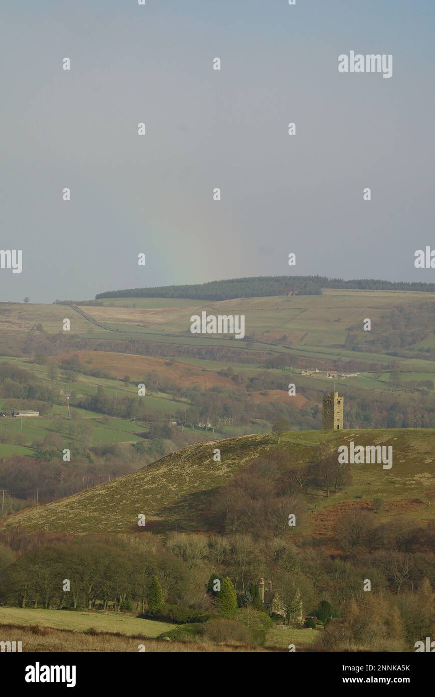 Rainbow above Boot's Folly, a monument by Strines Reservoir, Bradfield ...