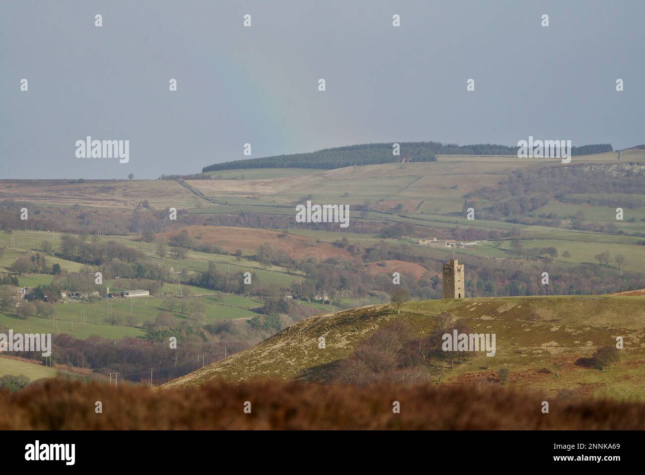 Rainbow above Boot's Folly, a monument by Strines Reservoir, Bradfield ...