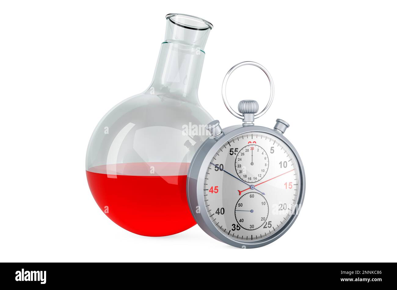 Chemical flask with green liquid with stopwatch, 3D rendering isolated ...