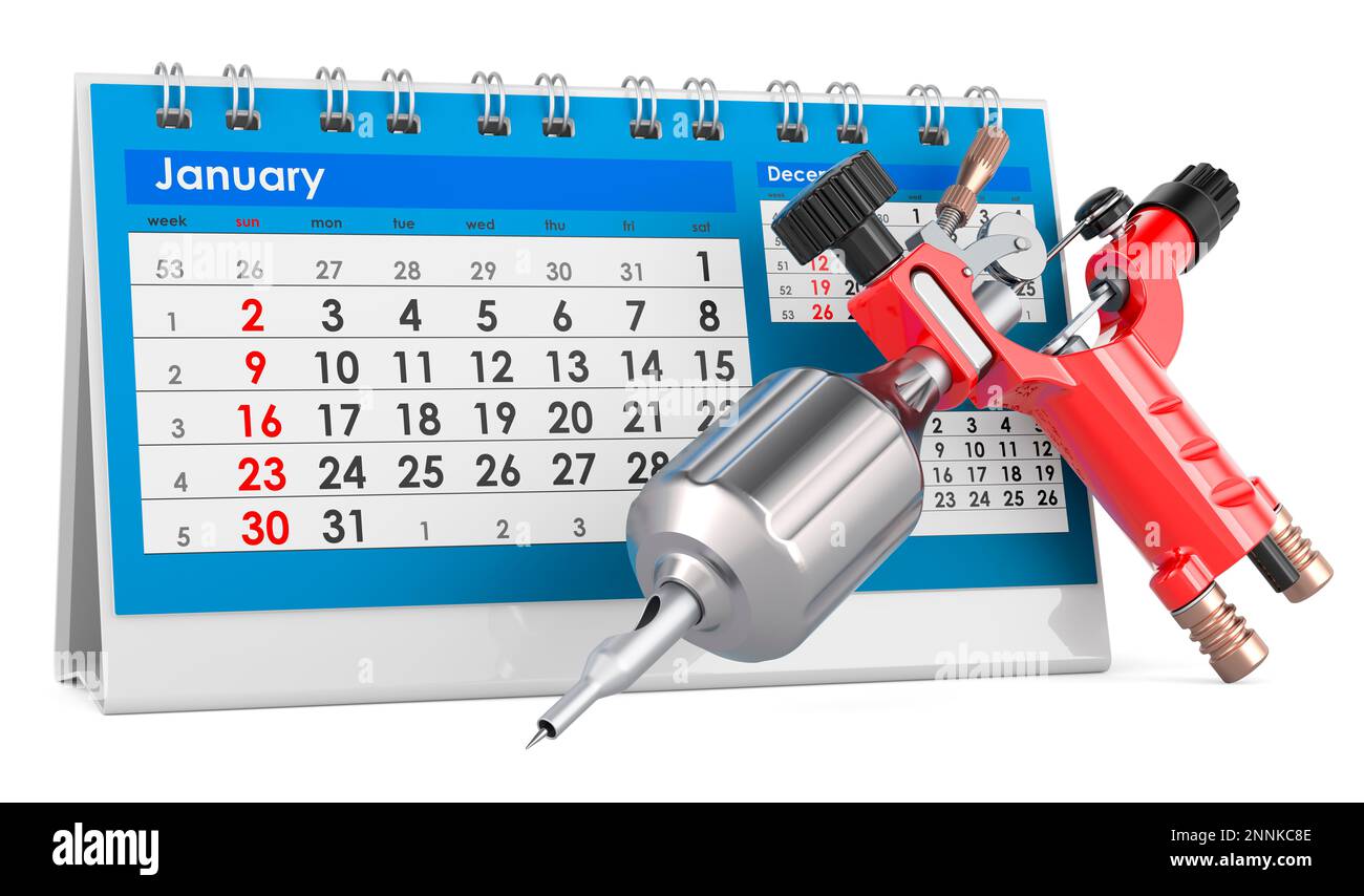 Tattoo machine with desk calendar, 3D rendering isolated on white ...