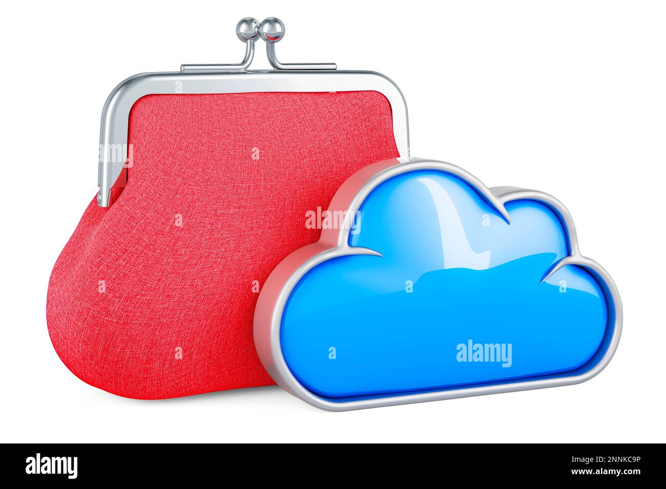 Cloud computing with purse coin, 3D rendering isolated on white ...