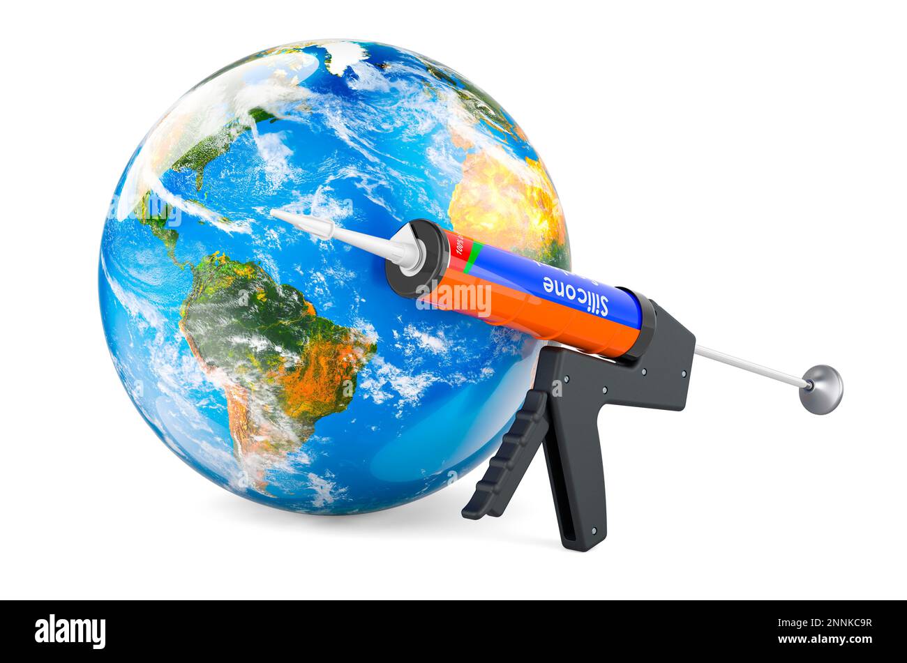 Sealant gun with silicone sealant tube with Earth Globe, 3D rendering ...