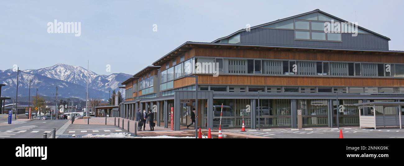 A picture taken on March 1, 2021 shows the Shirataka Town Hall in ...