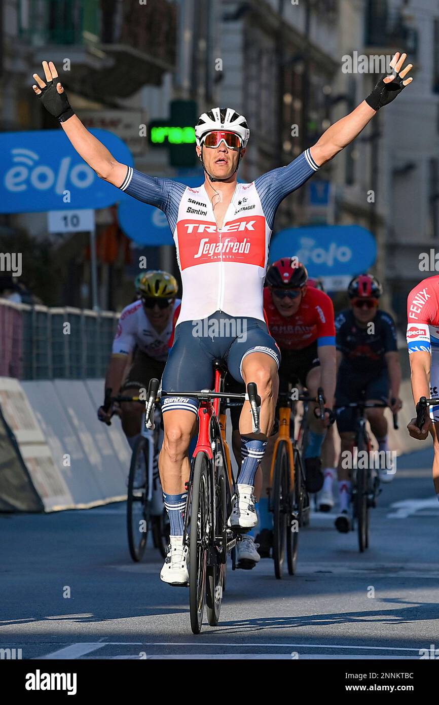 Belgium's Jasper Stuyven crosses the finish line to win the Milan to ...