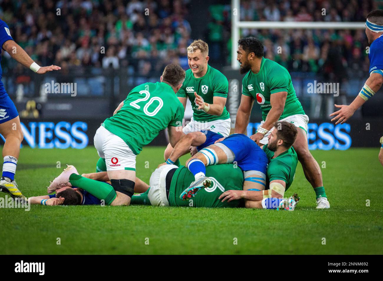 Rome, Italy. 25 Feb 2023. Ireland Scrum Half Craig Casey (centre) and ...