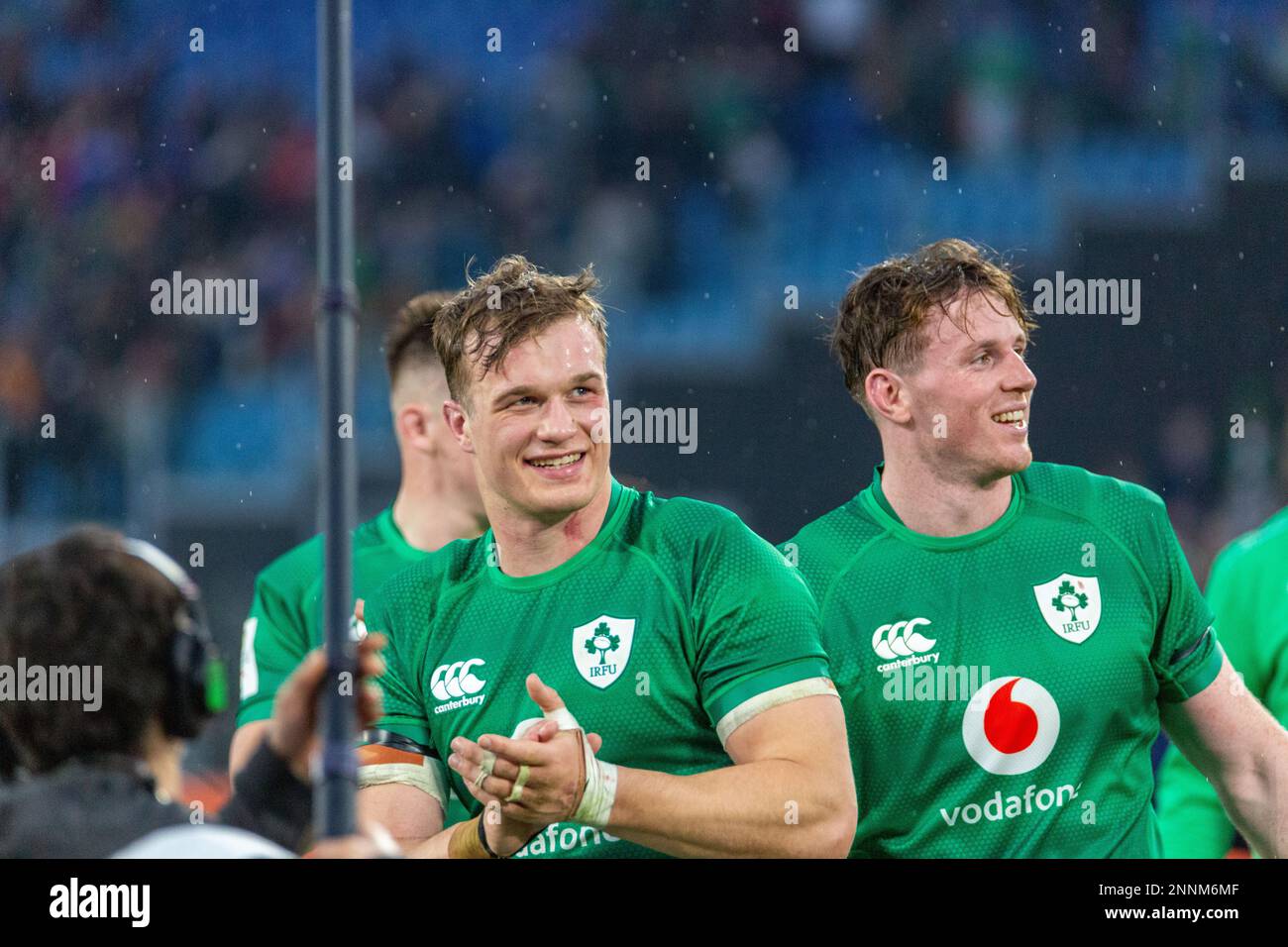 Rome, Italy. 25 Feb 2023. Josh van Der Flier (centre) and Ryan Baird ...