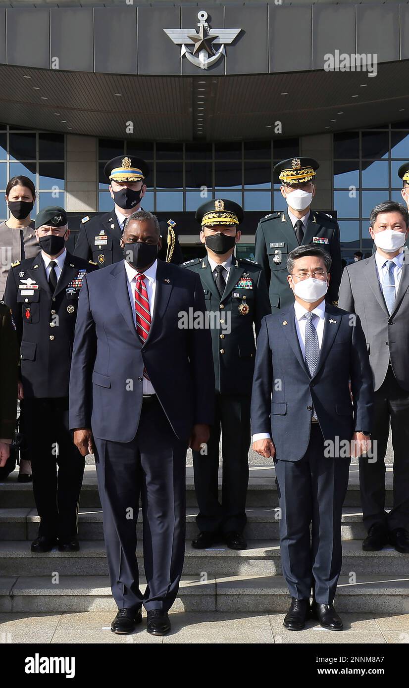 U.S. Defense Secretary Lloyd Austin, bottom center left, and South ...