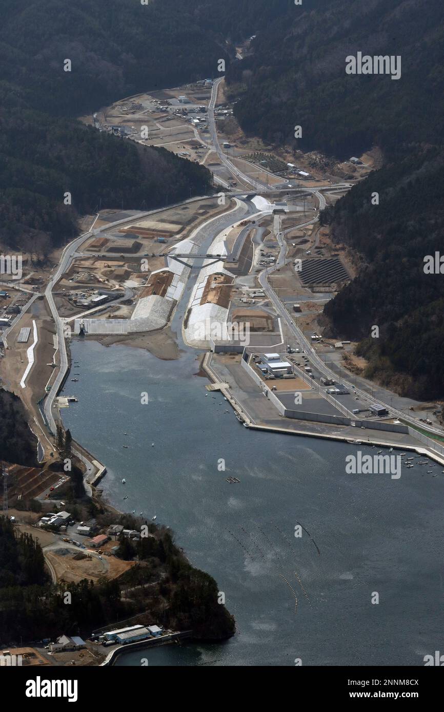 An aerial photo shows a construction site of tide embankment built ...