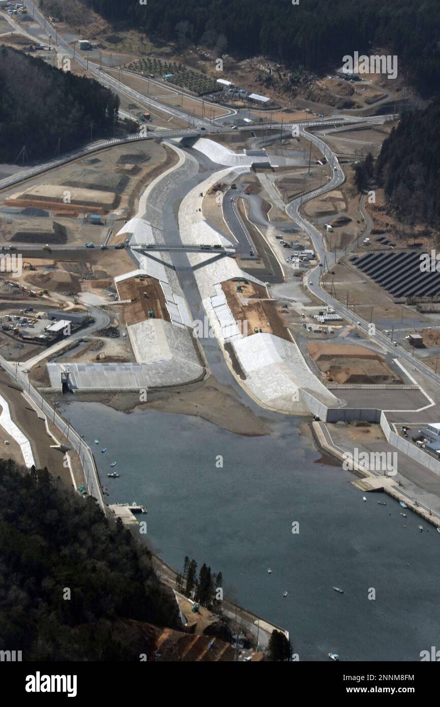 An aerial photo shows a construction site of tide embankment built ...