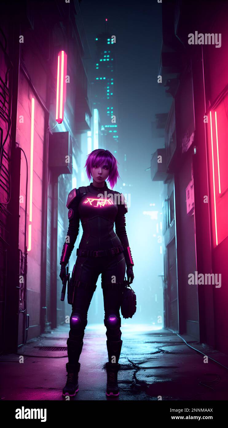 Cyber Punk Girl in a neon-infused street, wearing high-tech glasses and ...