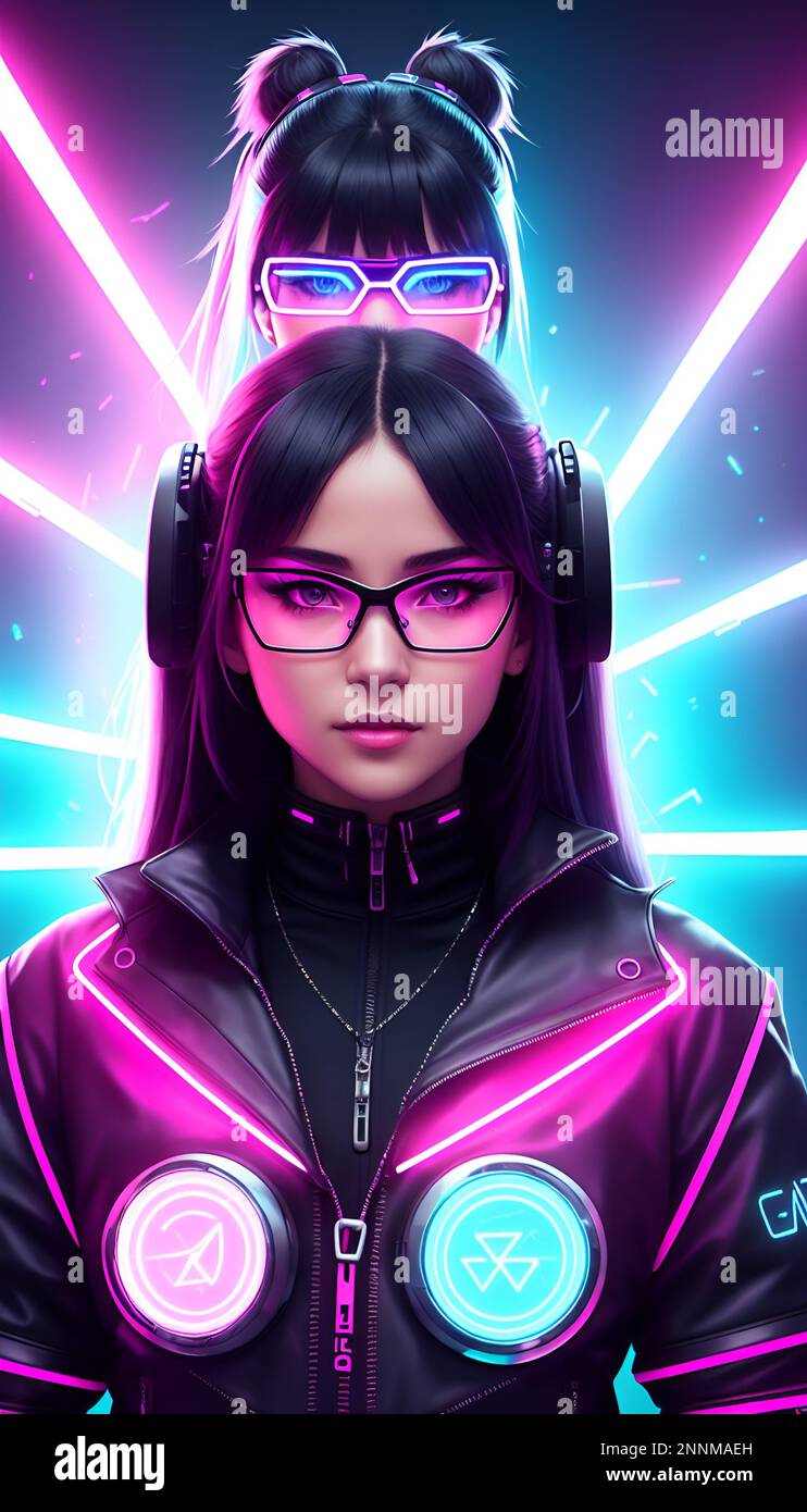 Cyber Punk Girl in a neon-infused street, wearing high-tech glasses and ...