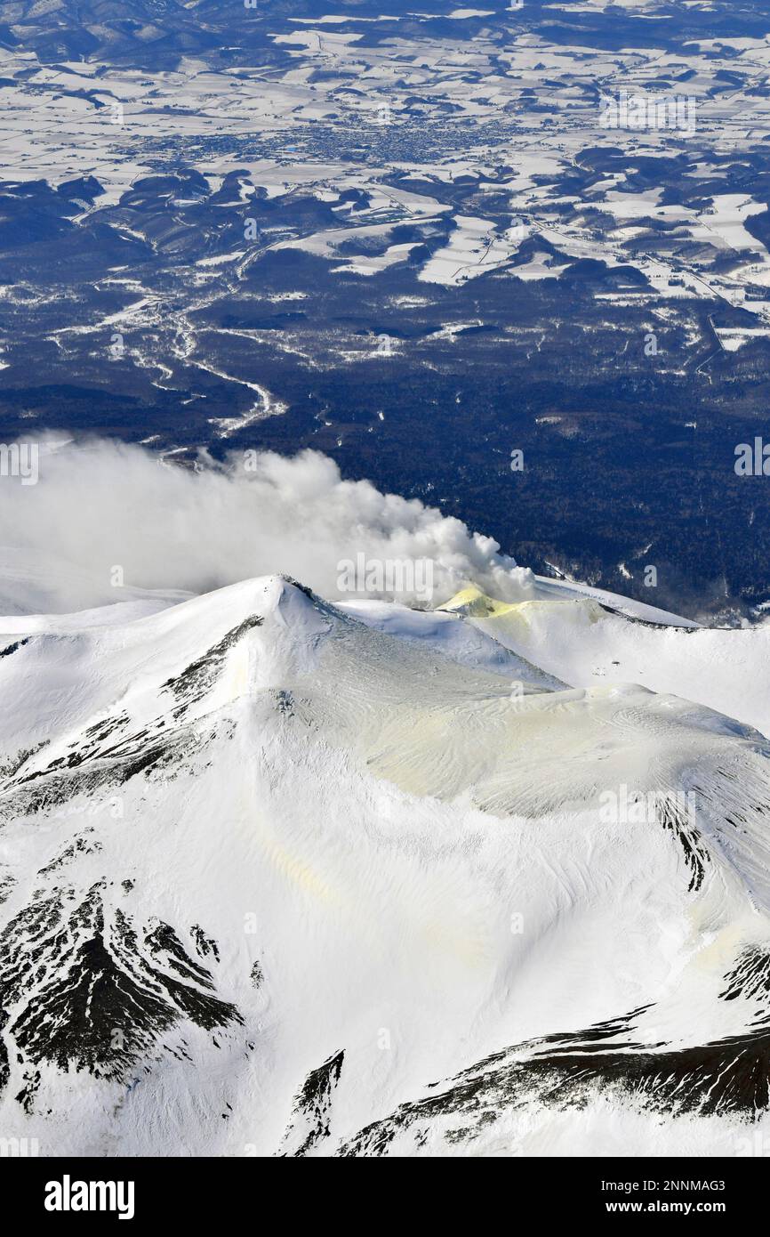An aerial photo shows Mount Tokachi (Tokachidake) in Biei and ...