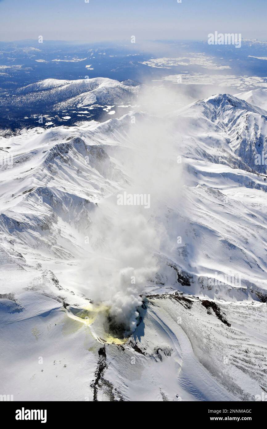 An aerial photo shows Mount Tokachi (Tokachidake) in Biei and ...