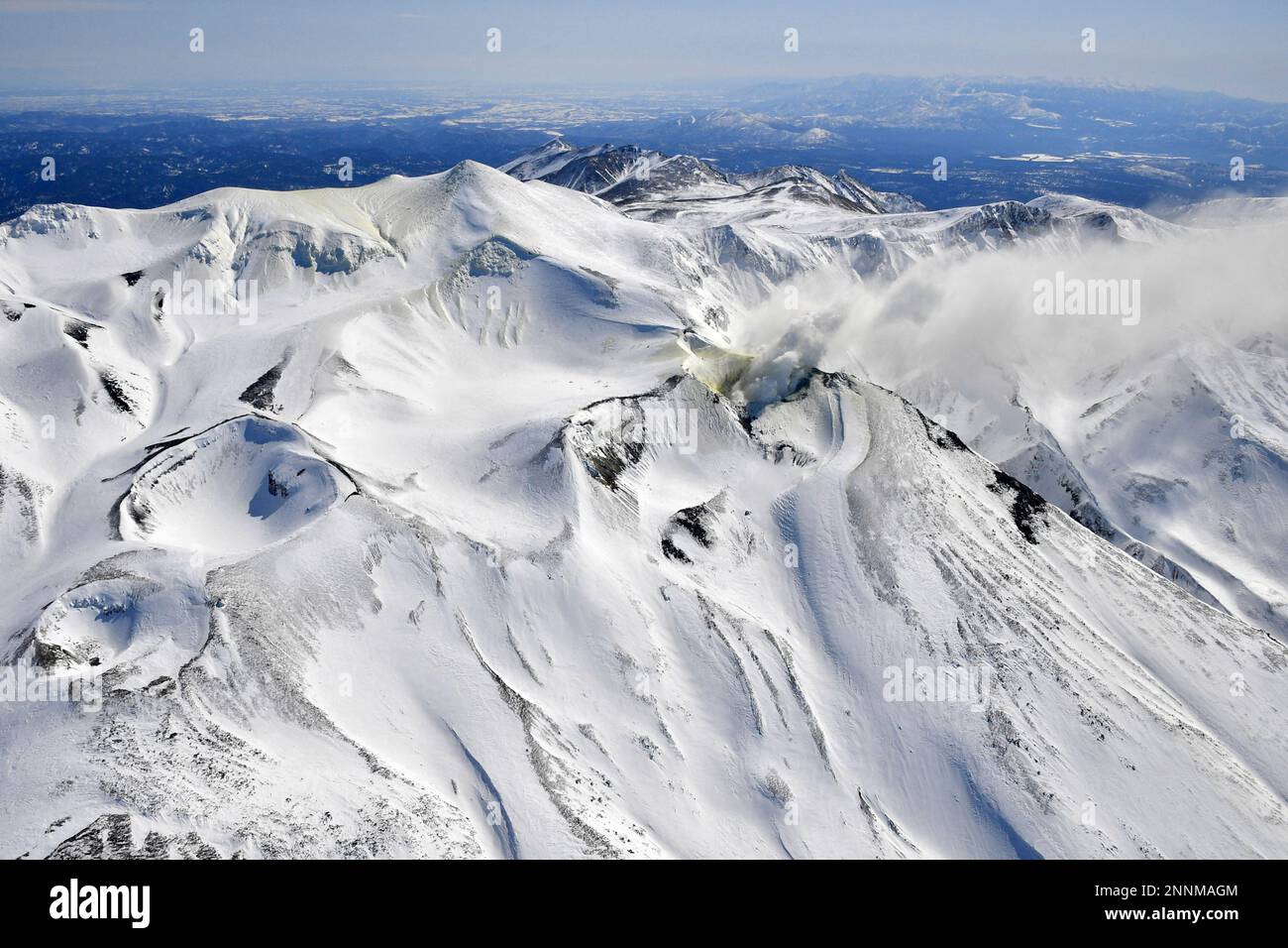 An aerial photo shows Mount Tokachi (Tokachidake) in Biei and ...