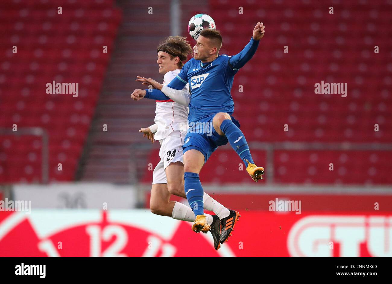 Stuttgart's Borna Sosa, left, and Hoffenheim's Pavel Kaderabek fight ...