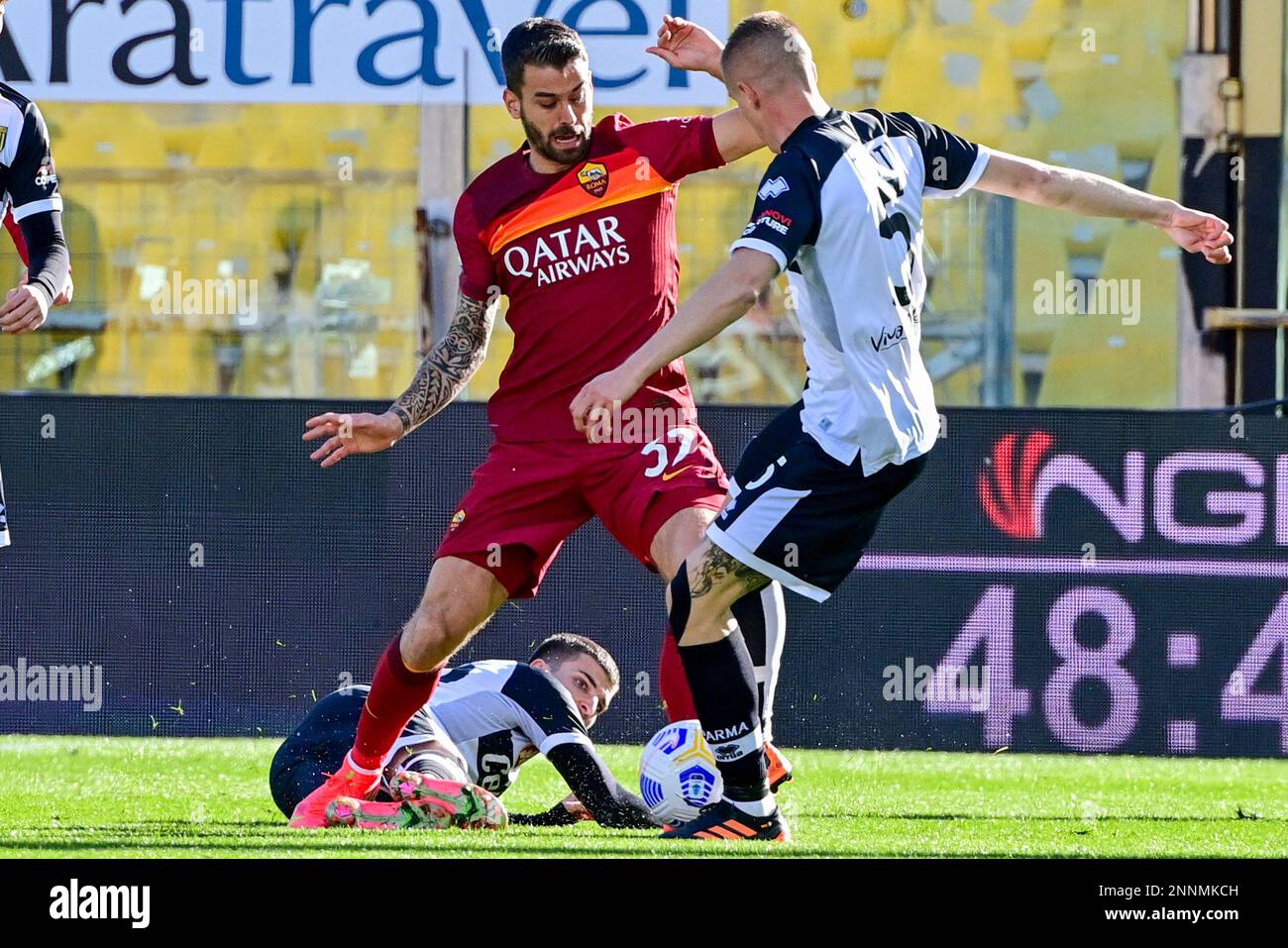 Parma's Andrea Conti, right, and Roma's Leonardo Spinazzola vie for the ...