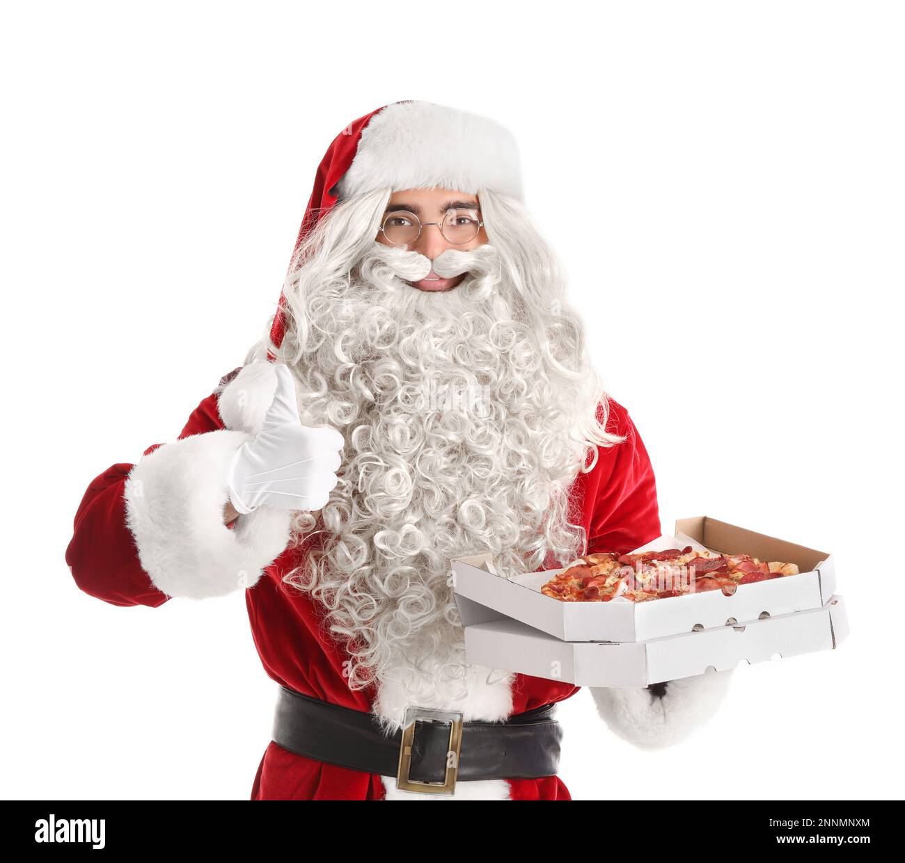 Santa Claus holding box with tasty pizza and showing thumb-up on white ...