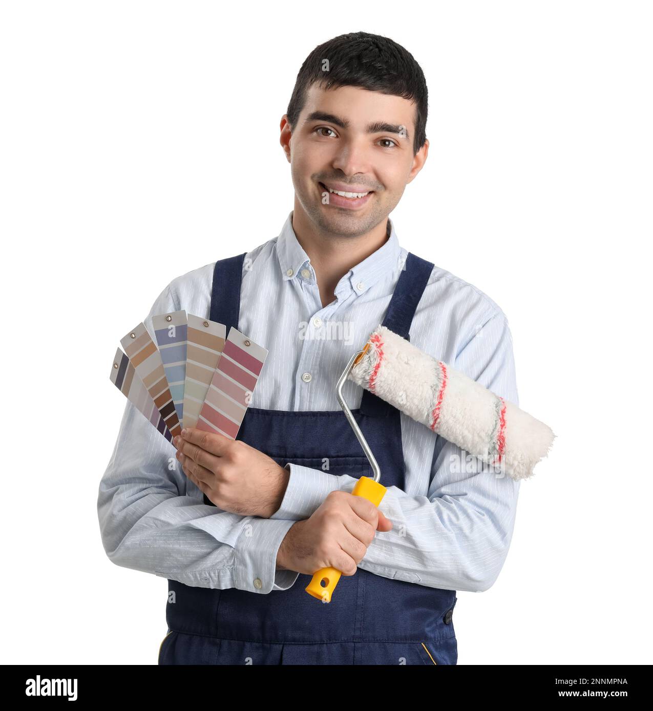 Male painter with color palettes and roller on white background Stock ...