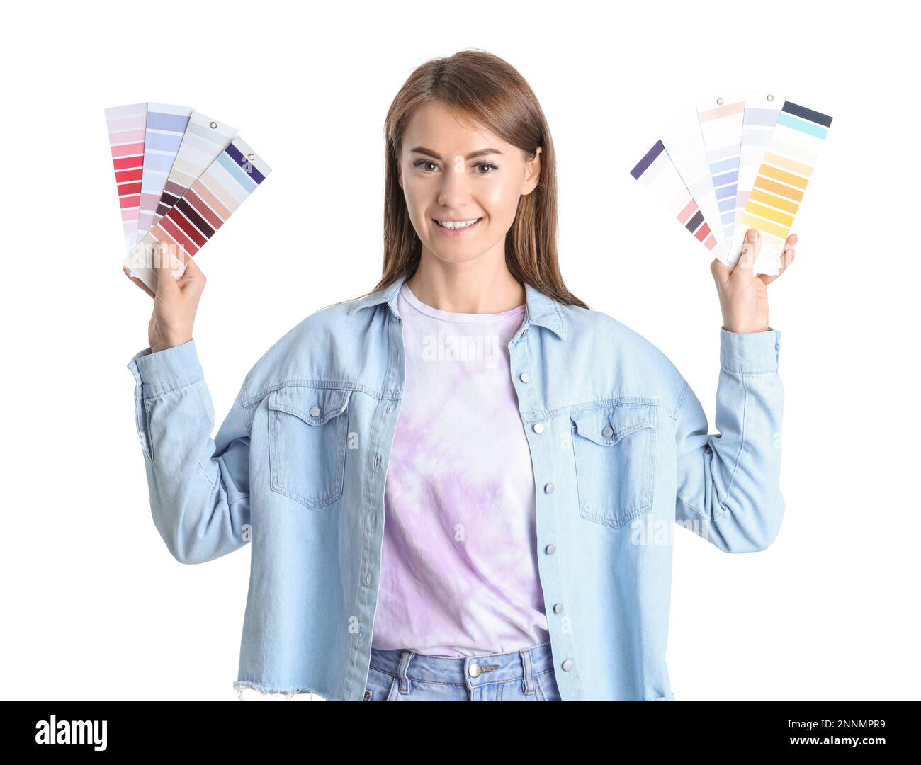 Beautiful woman with paint color palettes on white background Stock ...